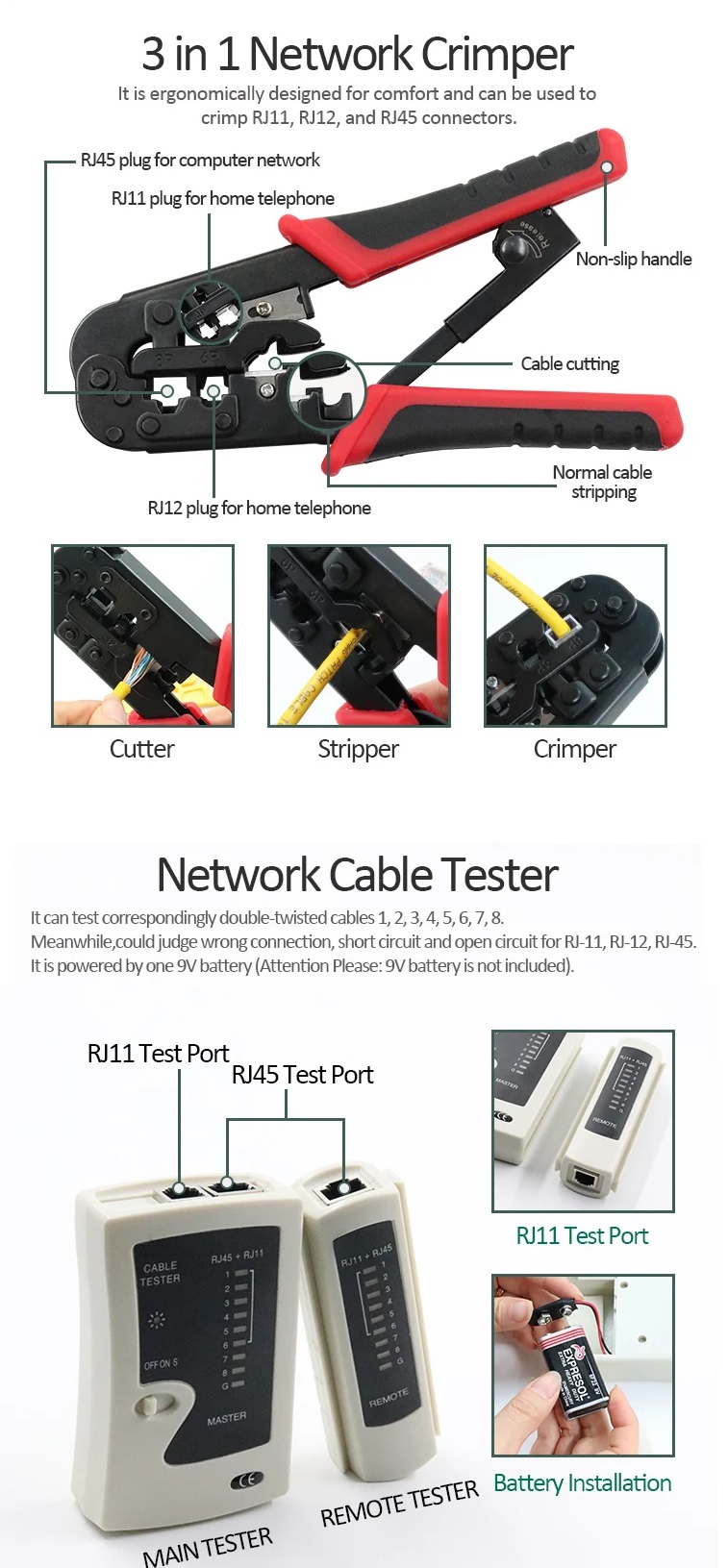 12-in-1 RJ45 Network Tool Kit – Crimping Tool, Cable Tester, Punch Down ...